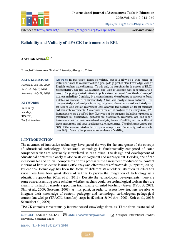 (PDF) Reliability and validity of instruments measuring English teachers’ TPACK