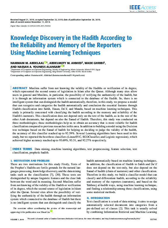 (PDF) Knowledge Discovery in the Hadith According to the Reliability and Memory of the Reporters ...