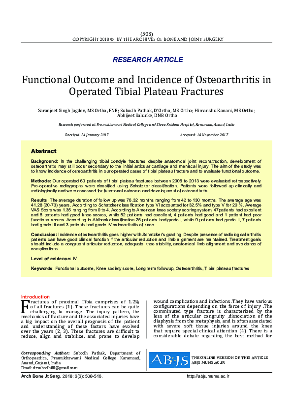 (PDF) Functional Outcome and Incidence of Osteoarthritis in Operated Tibial Plateau Fractures ...