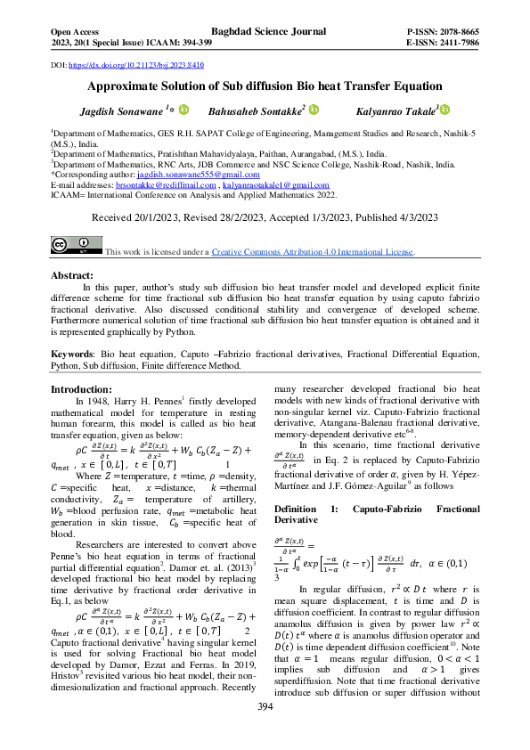 (PDF) Approximate Solution of Sub diffusion Bio heat Transfer Equation