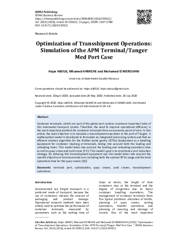 Pdf Optimizing Transshipment At Tanger Med Port