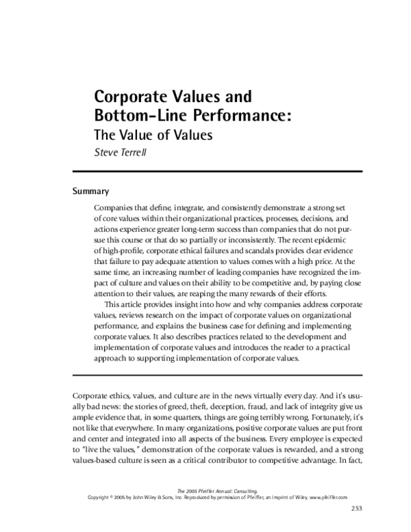(PDF) Corporate Values and Bottom-Line Performance: The Value of Values