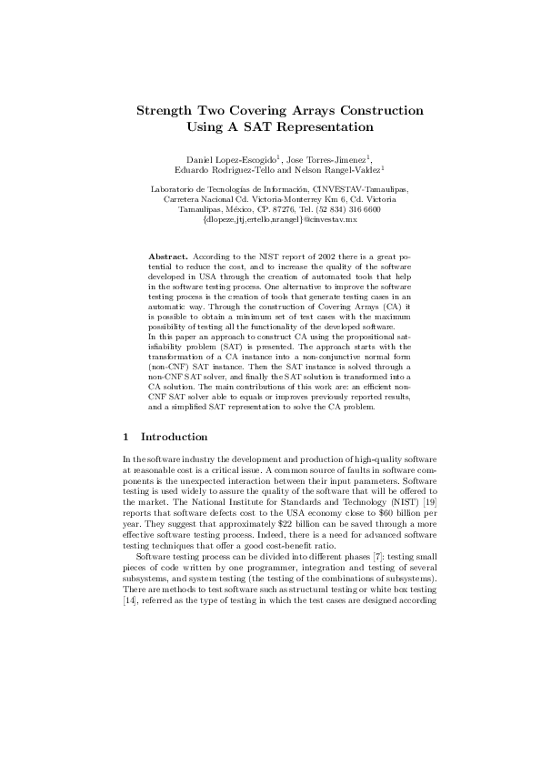 (PDF) Strength Two Covering Arrays Construction Using a SAT Representation | Jose Torres Jimenez ...