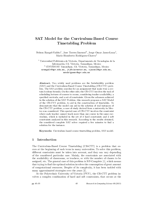 (PDF) SAT Model for the Curriculum-Based Course Timetabling Problem
