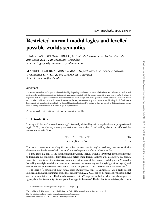 (PDF) Restricted normal modal logics and levelled possible worlds semantics