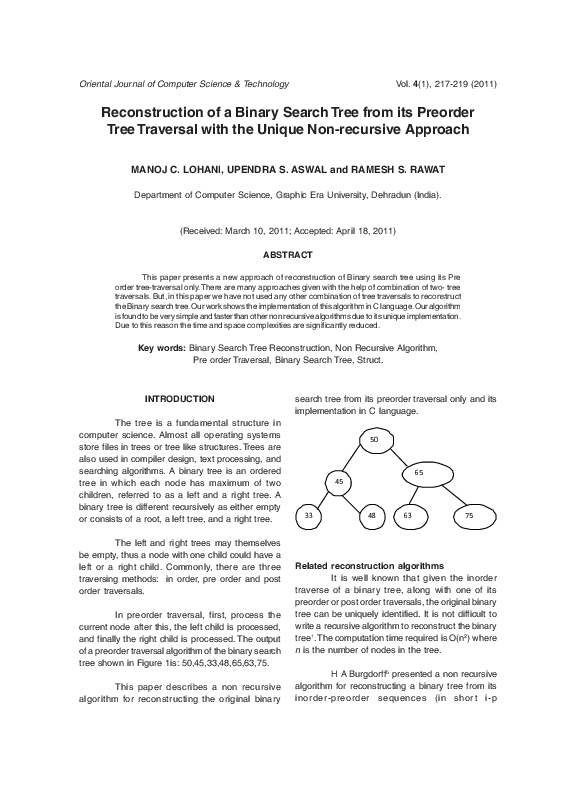 (PDF) Reconstruction of a Binary Search Tree from its Preorder Tree Traversal with the Unique ...