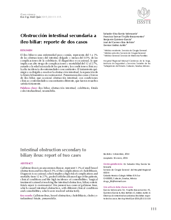 (PDF) Obstrucción intestinal secundaria a íleo biliar: reporte de dos casos