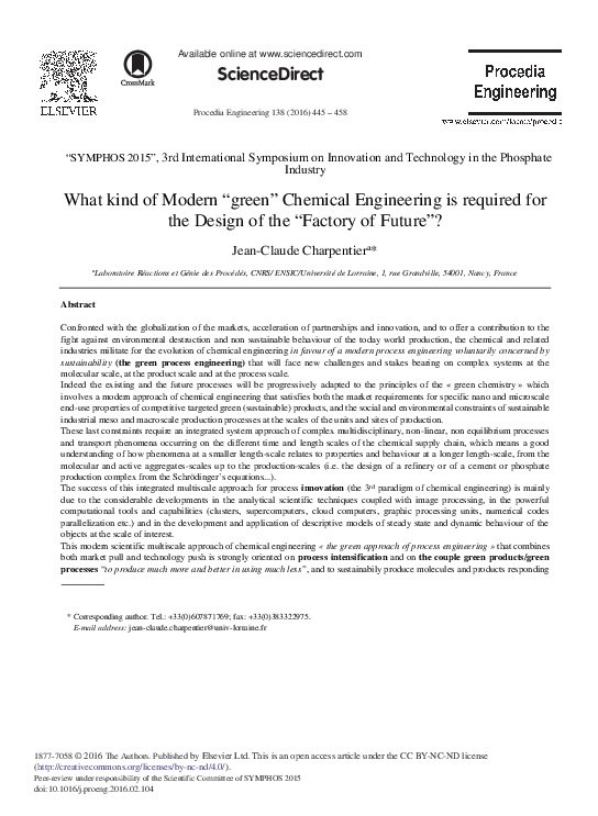 (PDF) What Kind of Modern “Green” Chemical Engineering is Required for ...