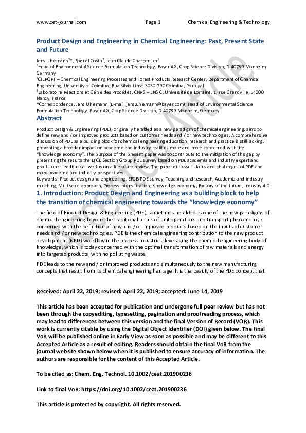 (PDF) Product Design and Engineering in Chemical Engineering: Past, Present State, and Future