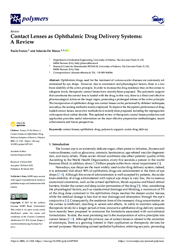 (PDF) Contact Lenses as Ophthalmic Drug Delivery Systems: A Review