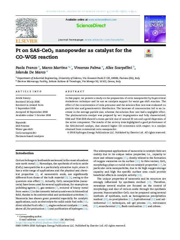 (PDF) Pt on SAS-CeO2 nanopowder as catalyst for the CO-WGS reaction