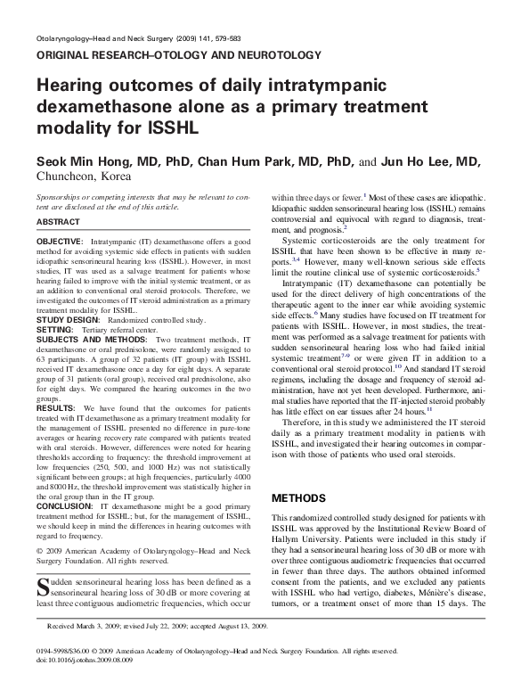 (PDF) Hearing outcomes of daily intratympanic dexamethasone alone as a ...