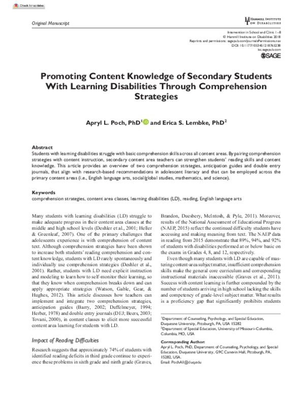 (PDF) Promoting Content Knowledge of Secondary Students With Learning ...