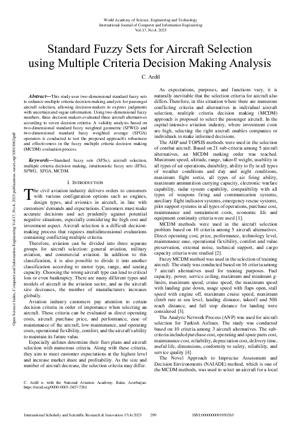 Pdf Standard Fuzzy Sets For Aircraft Selection Using Multiple Criteria Decision Making