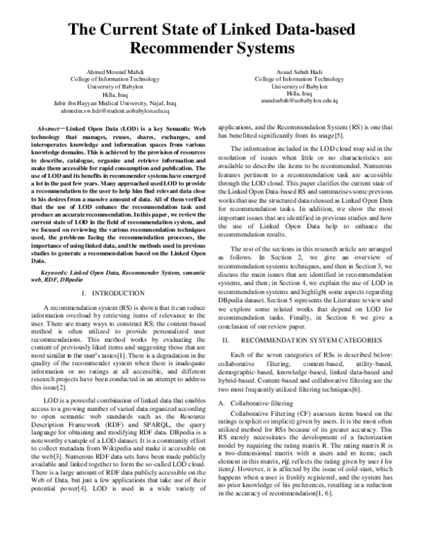 (PDF) The Current State of Linked Data-based Recommender Systems