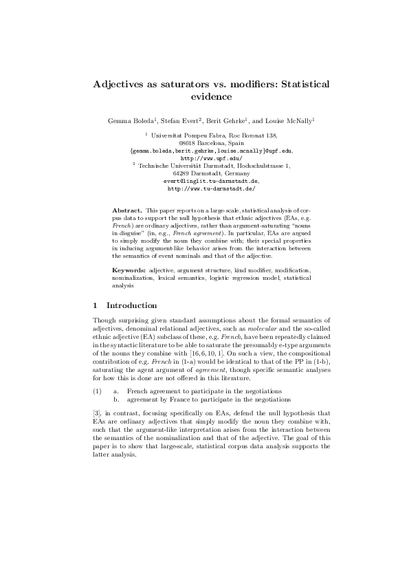 (PDF) Adjectives as Saturators vs. Modifiers: Statistical Evidence