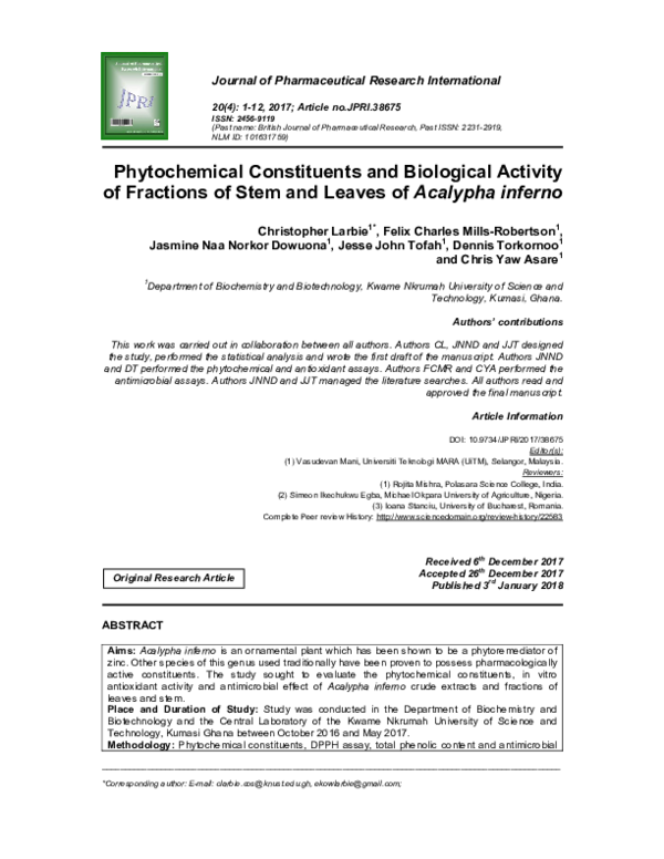 (PDF) Phytochemical Constituents and Biological Activity of Fractions ...