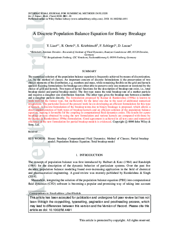 (PDF) A discrete population balance equation for binary breakage