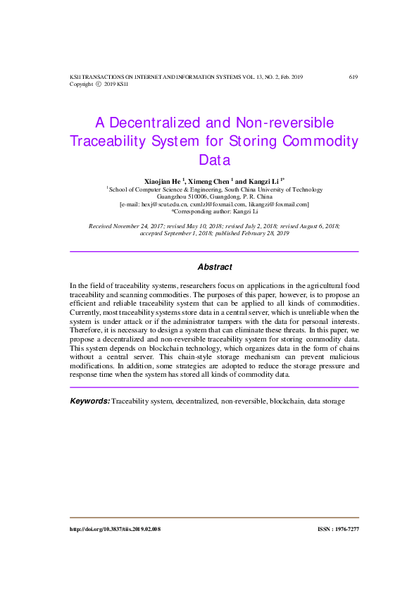 (PDF) A Decentralized and Non-reversible Traceability System for Storing Commodity Data