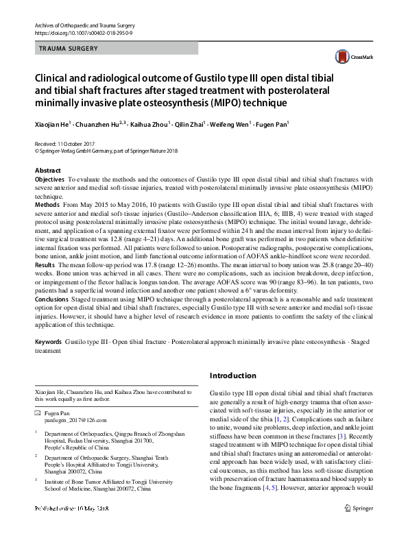 (PDF) Clinical and radiological outcome of Gustilo type III open distal ...