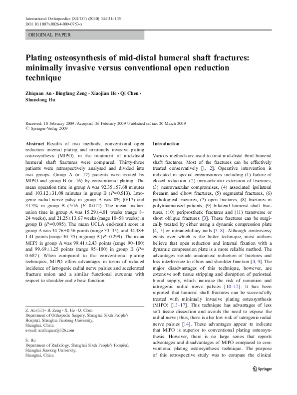 (PDF) Plating osteosynthesis of mid-distal humeral shaft fractures ...