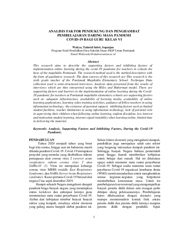 (PDF) Analisis Faktor Pendukung Dan Penghambat Pembelajaran Daring Masa Pandemi COVID-19 Bagi ...