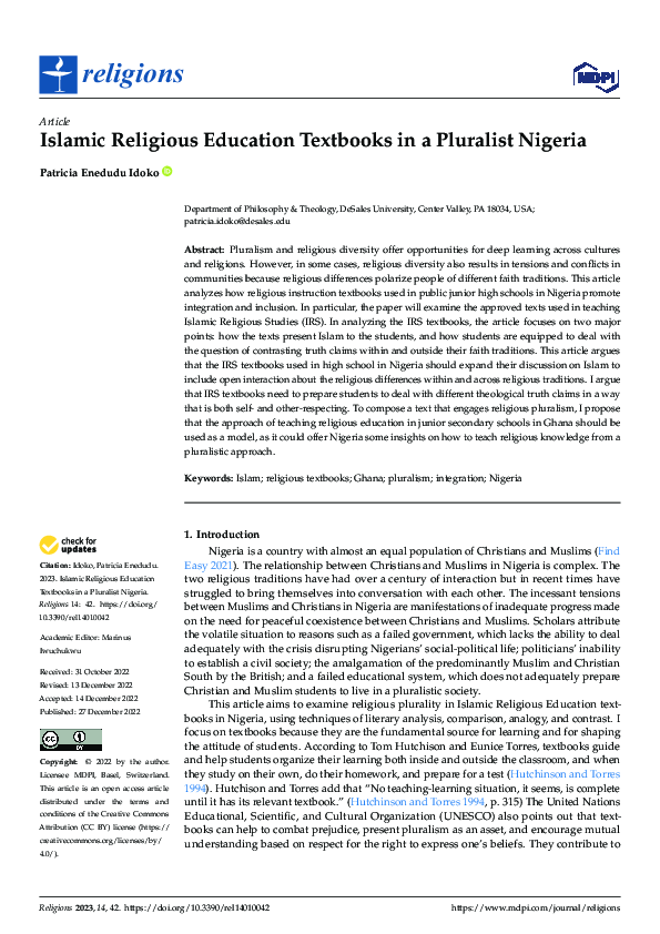(PDF) Islamic Religious Education Textbooks in a Pluralist Nigeria | Patricia Idoko - Academia.edu
