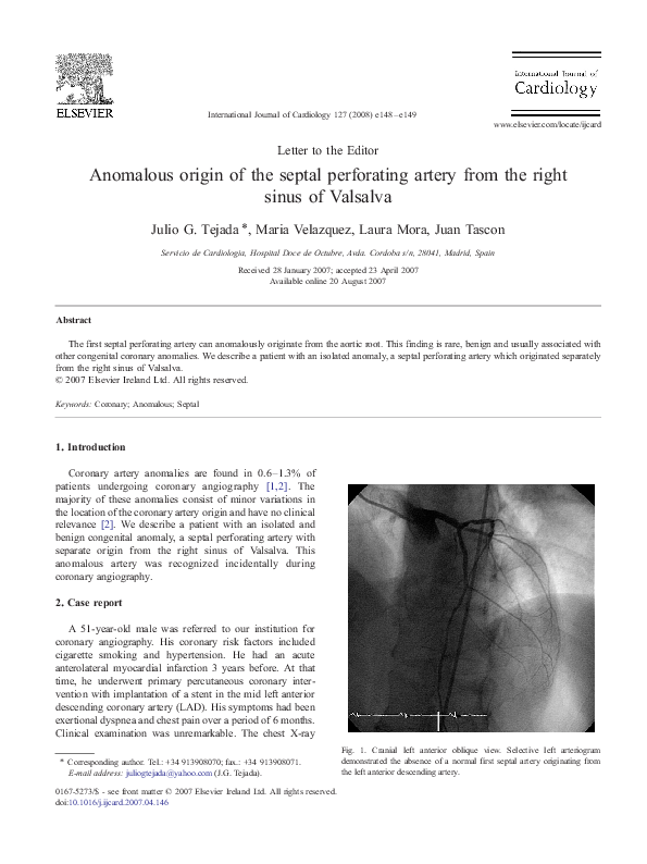 (PDF) Anomalous origin of the septal perforating artery from the right ...
