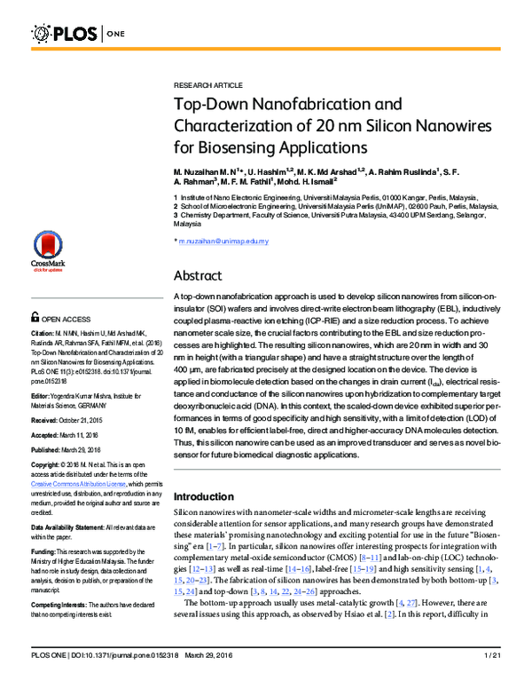 (PDF) Top-Down Nanofabrication and Characterization of 20 nm Silicon Nanowires for Biosensing ...