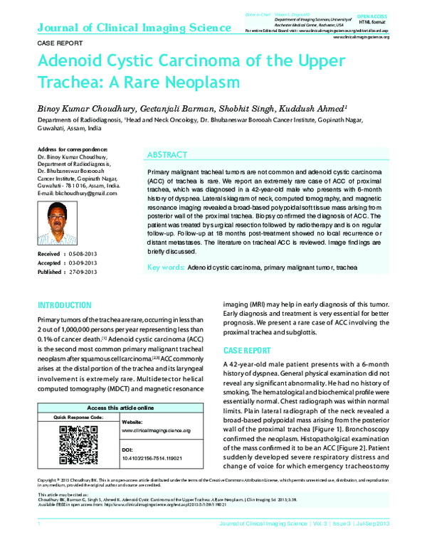 (PDF) Adenoid Cystic Carcinoma of the Upper Trachea: A Rare Neoplasm