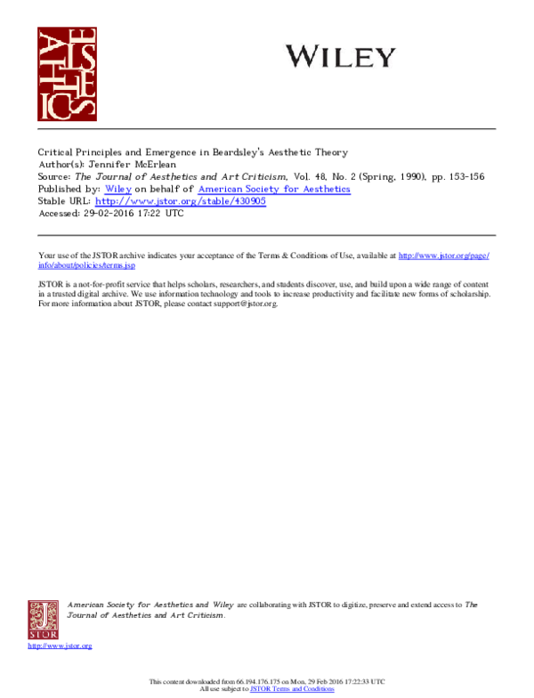 (PDF) Critical Principles and Emergence in Beardsley's Aesthetic Theory