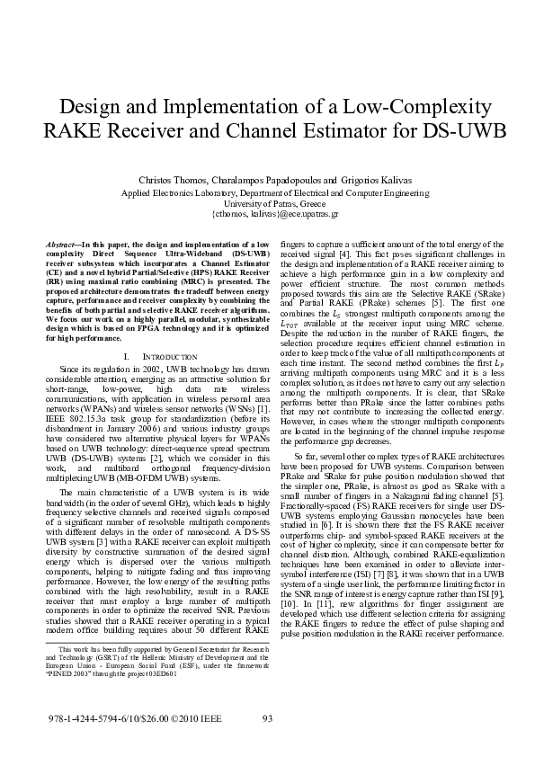 Pdf Design And Implementation Of A Low Complexity Rake Receiver And