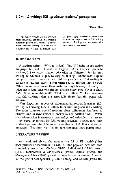 (PDF) L1 vs L2 writing; ESL graduate students' perceptions