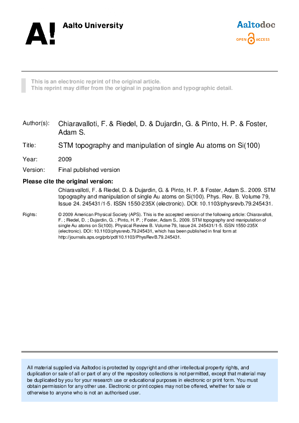 Pdf Stm Topography And Manipulation Of Single Au Atoms On Si 100