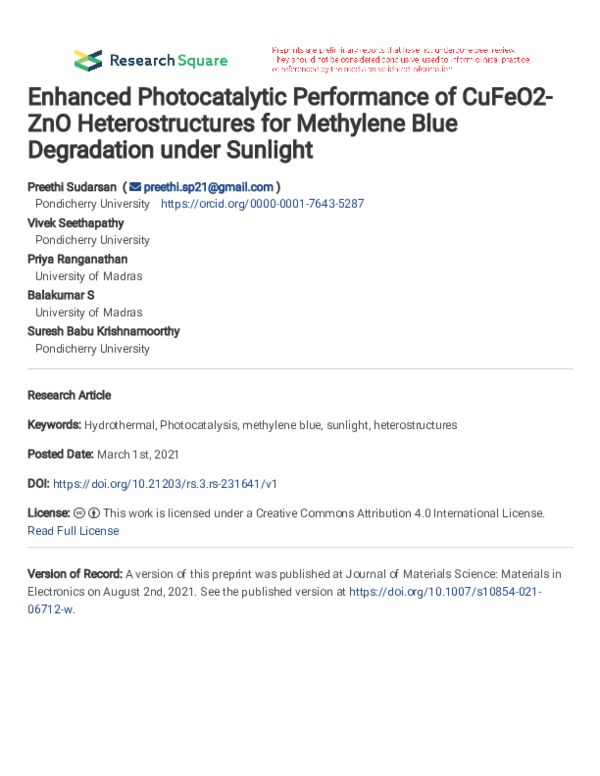 (PDF) Enhanced Photocatalytic Performance of CuFeO2-ZnO ...