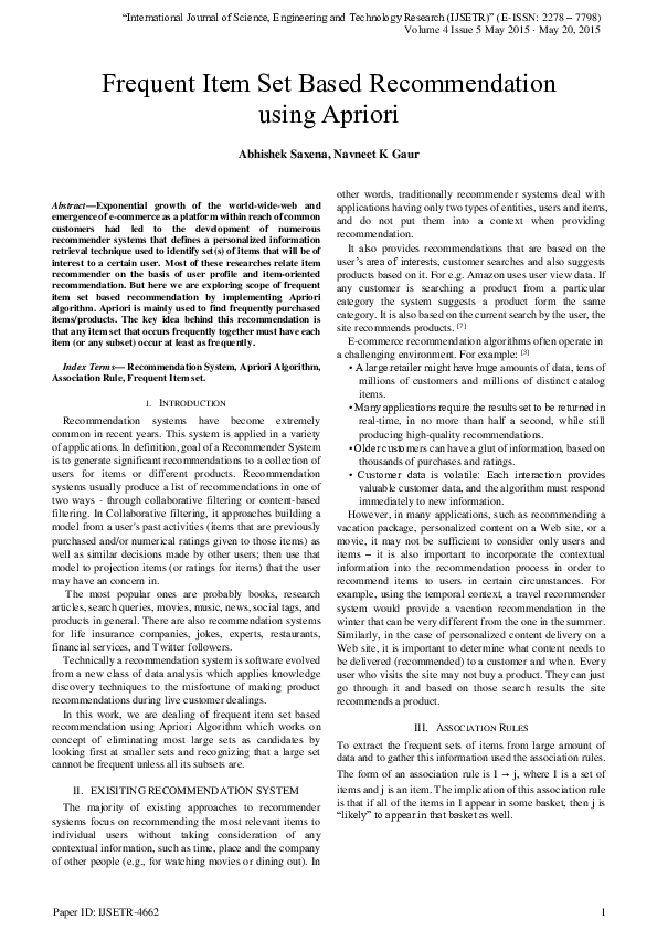 (PDF) Frequent Item Set Based Recommendation using Apriori