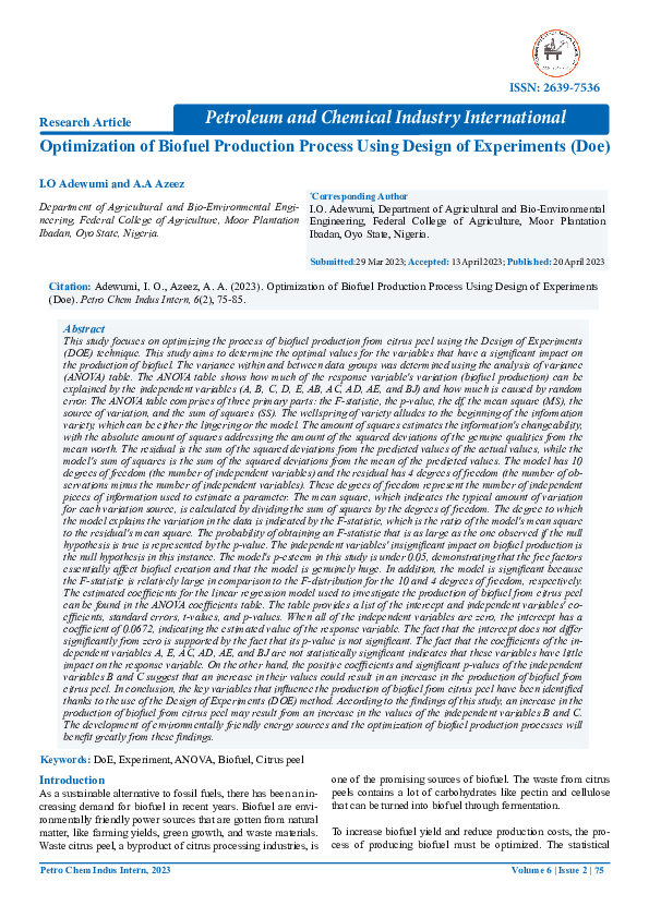 (PDF) Optimization of Biofuel Production Process Using Design of Experiments (Doe