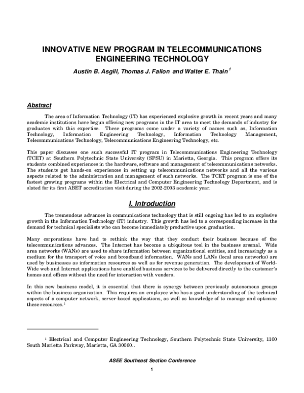 (PDF) Innovative New Program in Telecommunications Engineering Technology