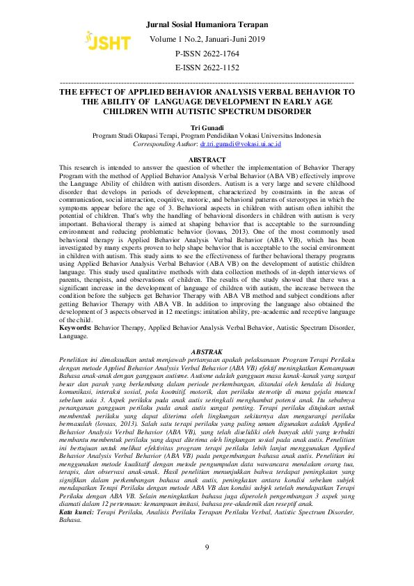 (PDF) The Effect of Applied Behavior Analysis (ABA) Verbal Behavior to The Ability of Language ...