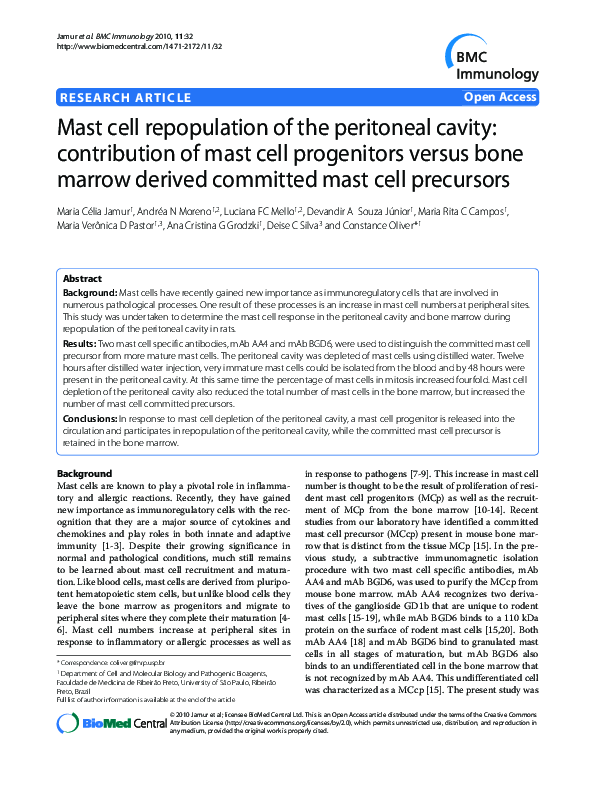 (PDF) Mast cell repopulation of the peritoneal cavity: contribution of ...