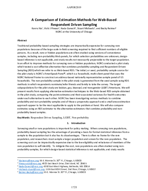 Pdf A Comparison Of Estimation Methods For Web Based Respondent Driven Sampling