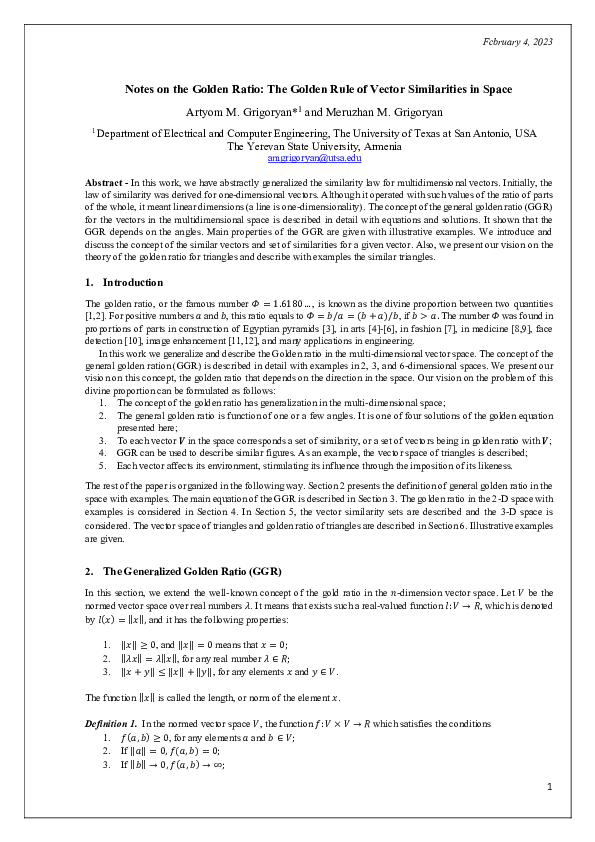 (PDF) Notes on the Golden Ratio: The Golden Rule of Vector Similarities ...