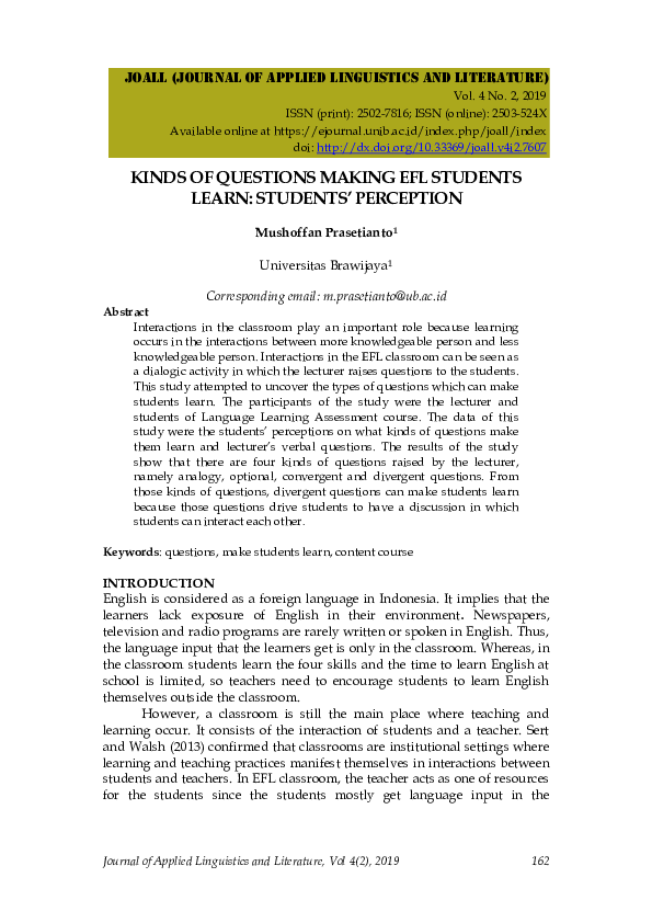 (PDF) Kinds of Questions Making Efl Students Learn: Students’ Perception