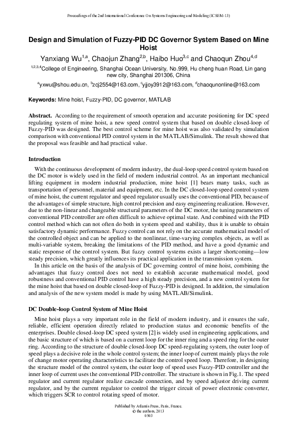 (PDF) Design and Simulation of Fuzzy-PID DC Governor System Based on Mine Hoist
