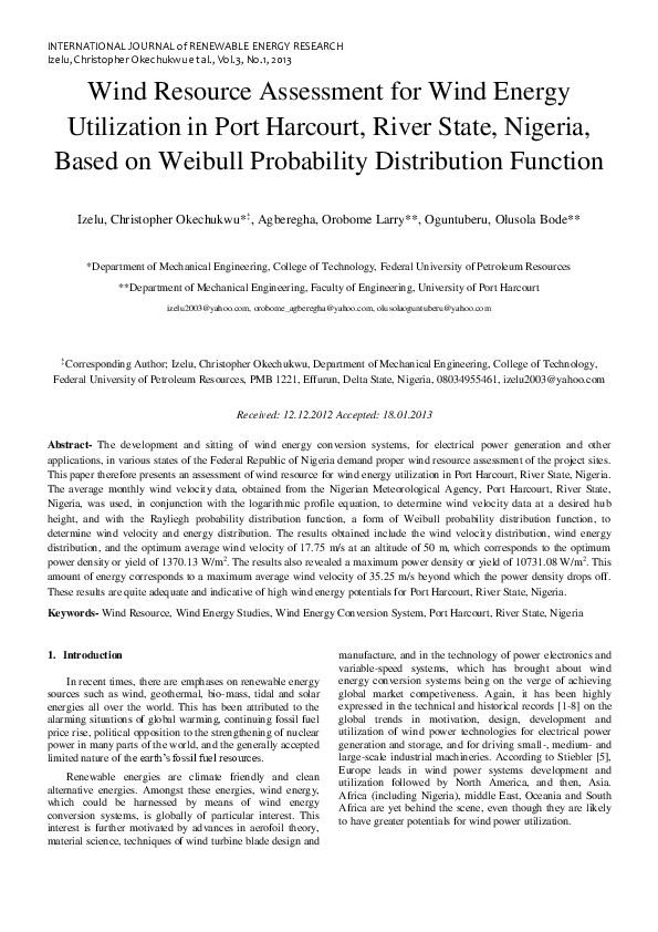 (PDF) Wind Resource Assessment for Wind Energy Utilization in Port Harcout, River State, Nigeria ...