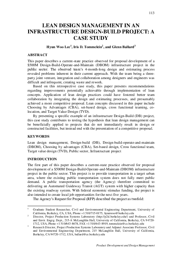 (PDF) Lean Design Management in an Infrastructure Design-Build Project–A Case Study