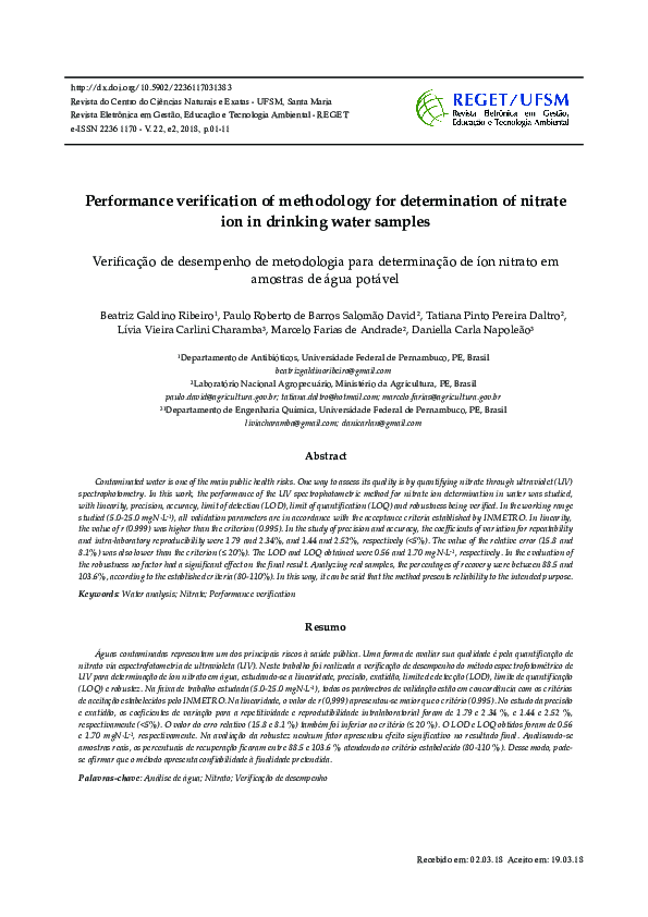 Pdf Performance Verification Of Methodology For Determination Of Nitrate Ion In Drinking Water