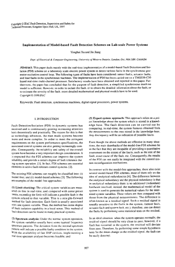 Pdf Implementation Of Model Based Fault Detection Schemes On Lab Scale Power Systems Ahmet