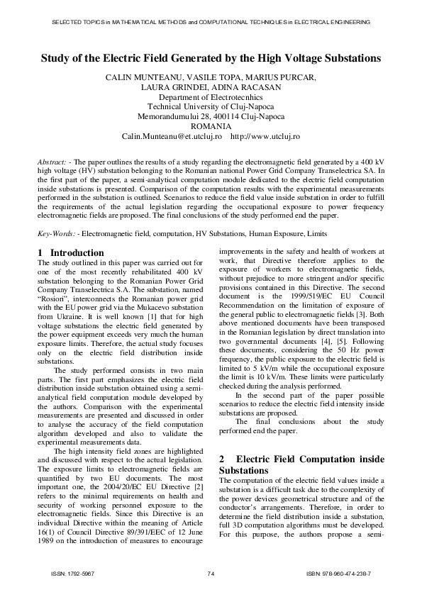 Pdf Analysis Of The Power Frequency Electric Field Generated By High Voltage Substations