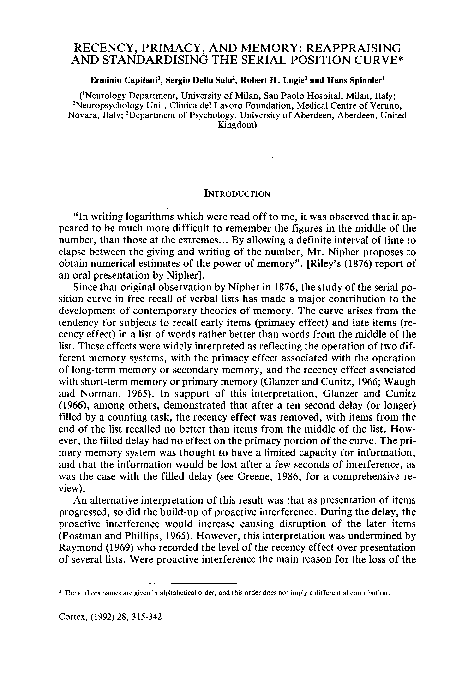 (PDF) Recency, Primacy, and Memory: Reappraising and Standardising the Serial Position Curve